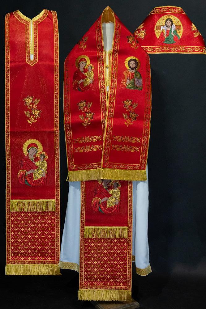 Bishop set ‘Virgin Mary’ on a red background –Liturgical Fabrics